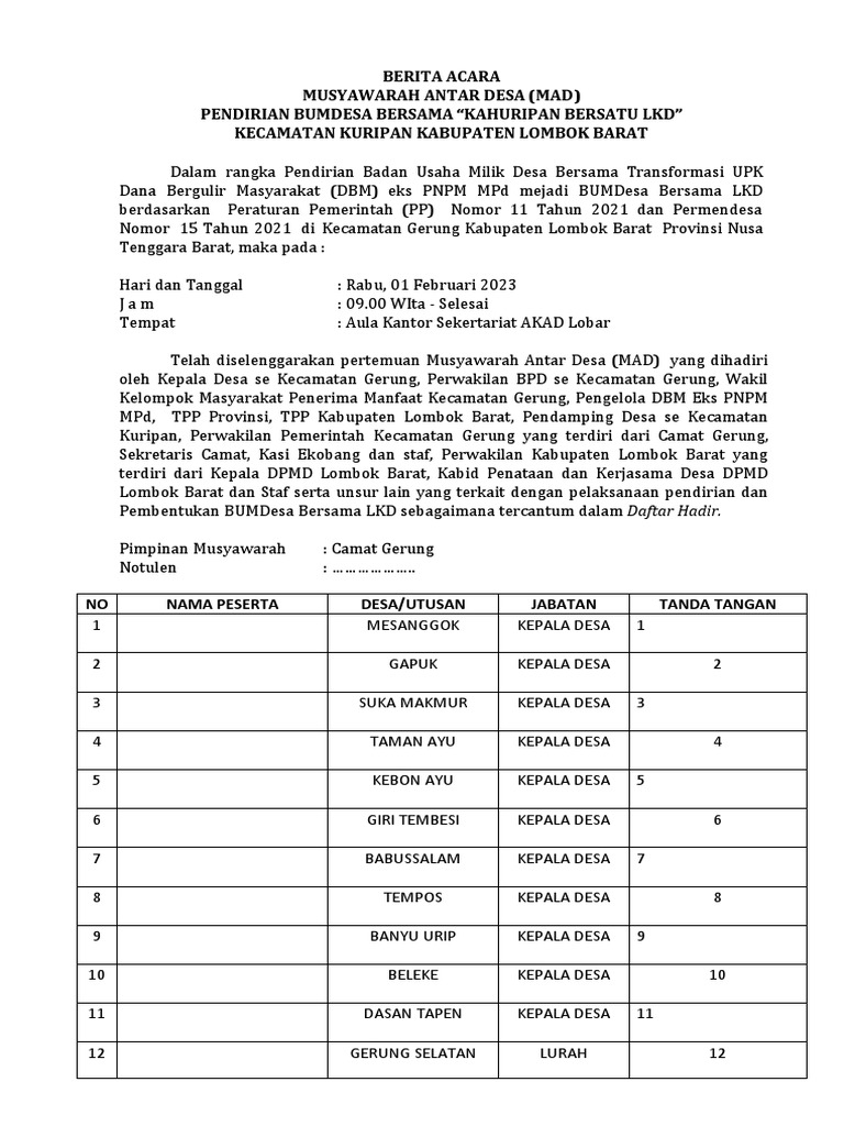 Berita Acara Mad Bumdesma LKD Gerbang Gerung | PDF
