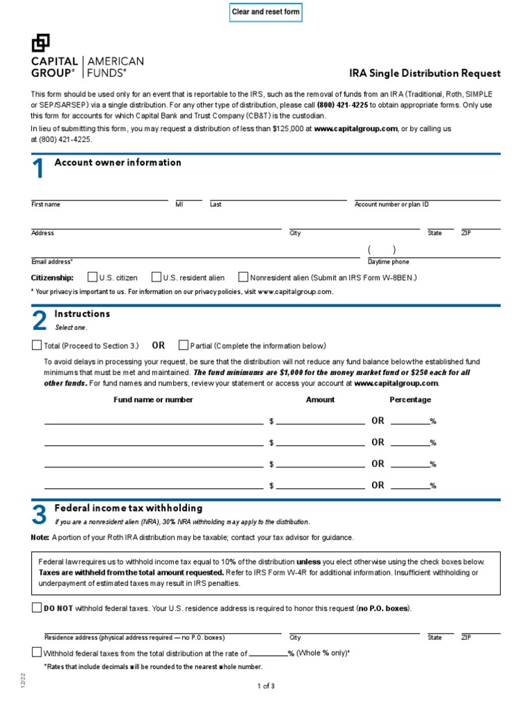 Account Owner Information: IRA Single Distribution Request | PDF ...