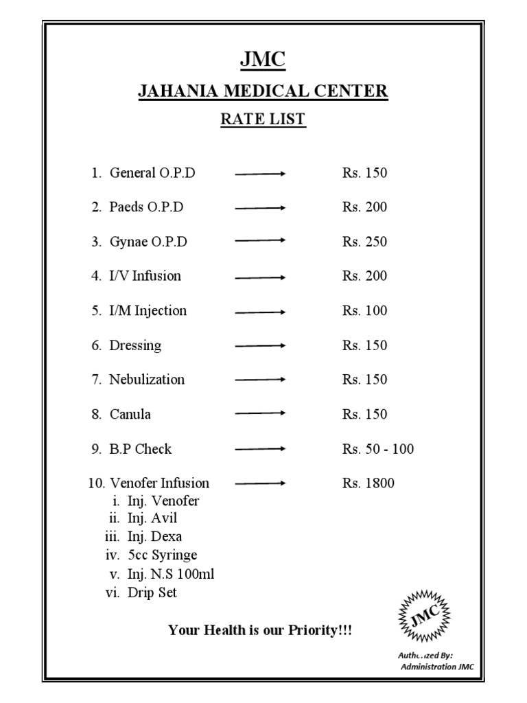 Jahania Medical Center Fee Schedule: Rates for Common Outpatient ...