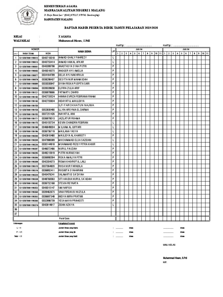 Daf. Nilai Harian X 2019-2020 | PDF