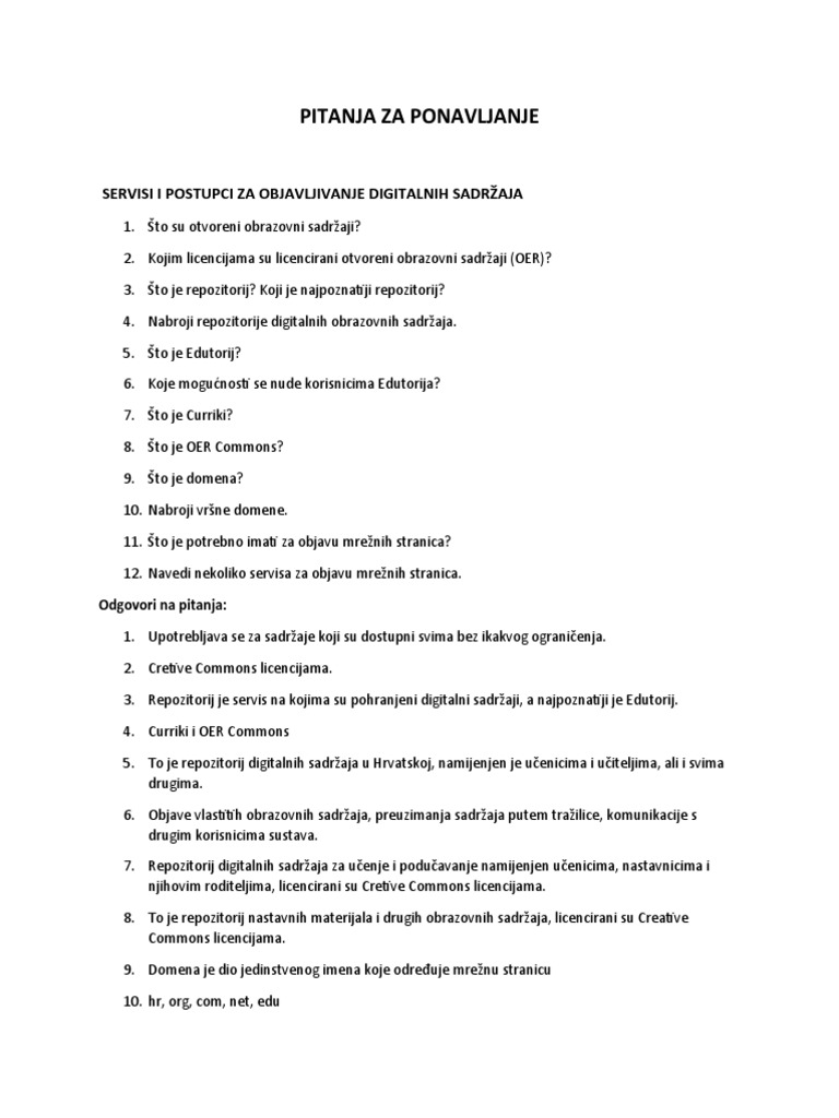 PITANJA ZA PONAVLJANJE | PDF