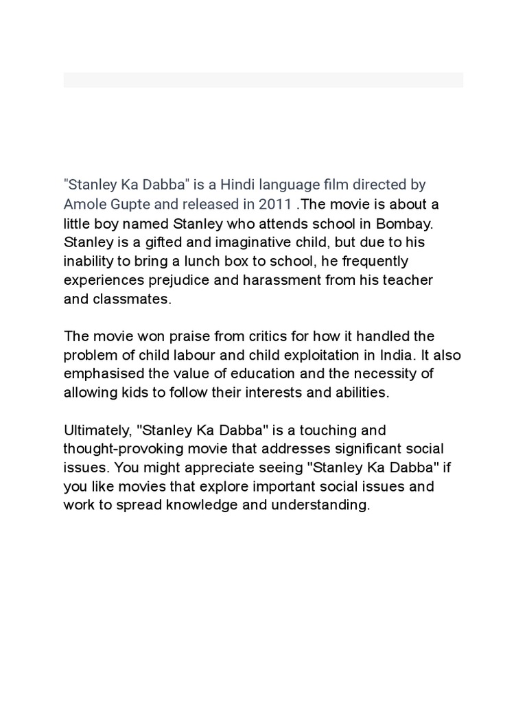 Stanley Ka Dabaa Movie Reviewt PDF | PDF