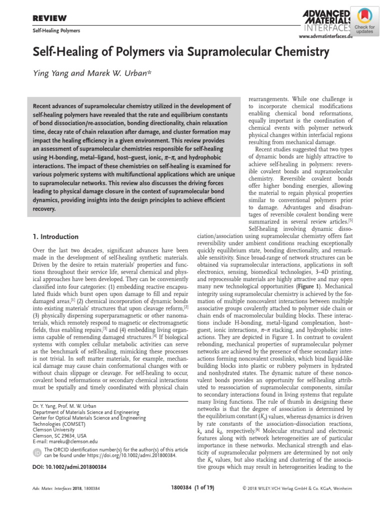 Self-Healing of Polymers Via Supramolecular Chemistry | PDF | Polymers | Coordination Complex