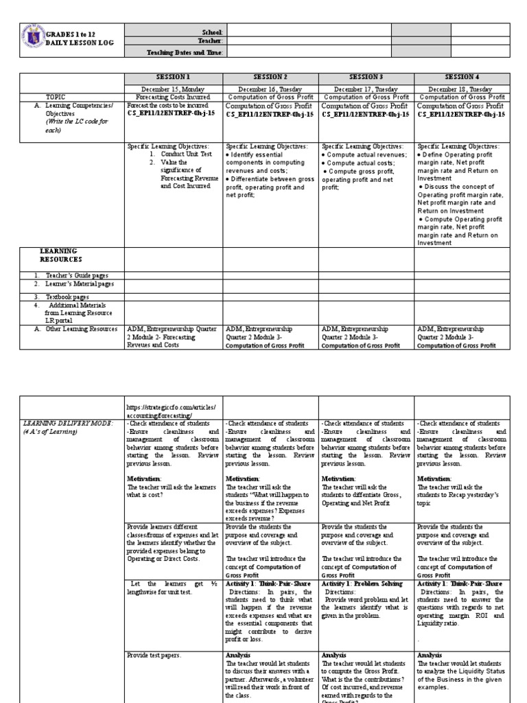 DLL-entrep Q2 w6 | PDF | Teachers | Revenue