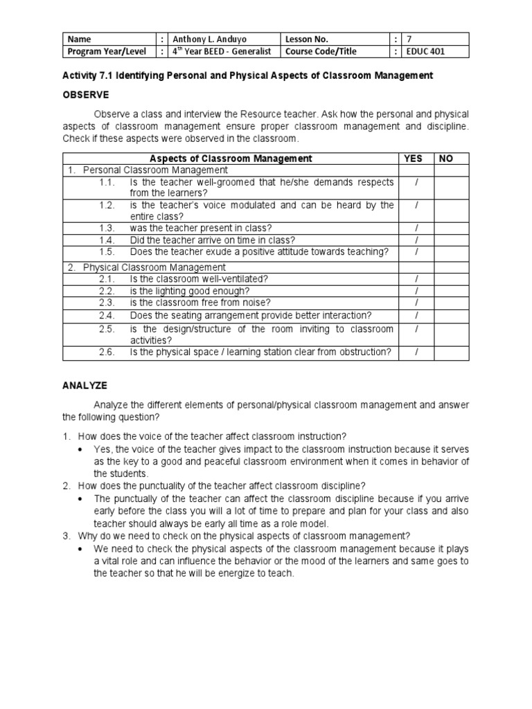 EDUC 401 Lesson 7 Anthony L. Anduyo | PDF | Classroom Management | Teachers