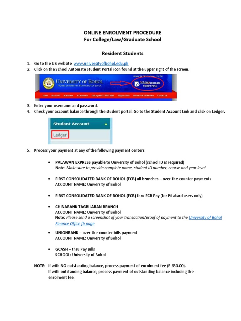 University of Bohol Online Enrollment Guide | PDF | Receipt | Payments