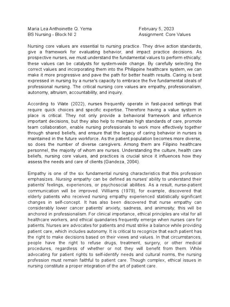 ASSIGNMENT Core Values | PDF | Nursing | Autonomy