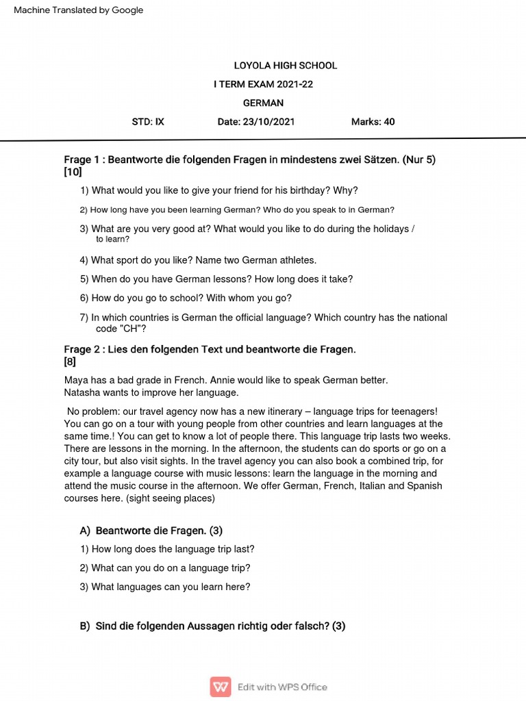 German Language Trip Exam 2021-22 | PDF | Syntax | Linguistic Morphology