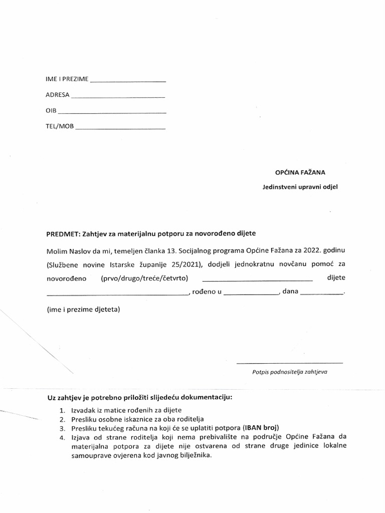 Zahtjev Naknada Novorodjence Fazana | PDF