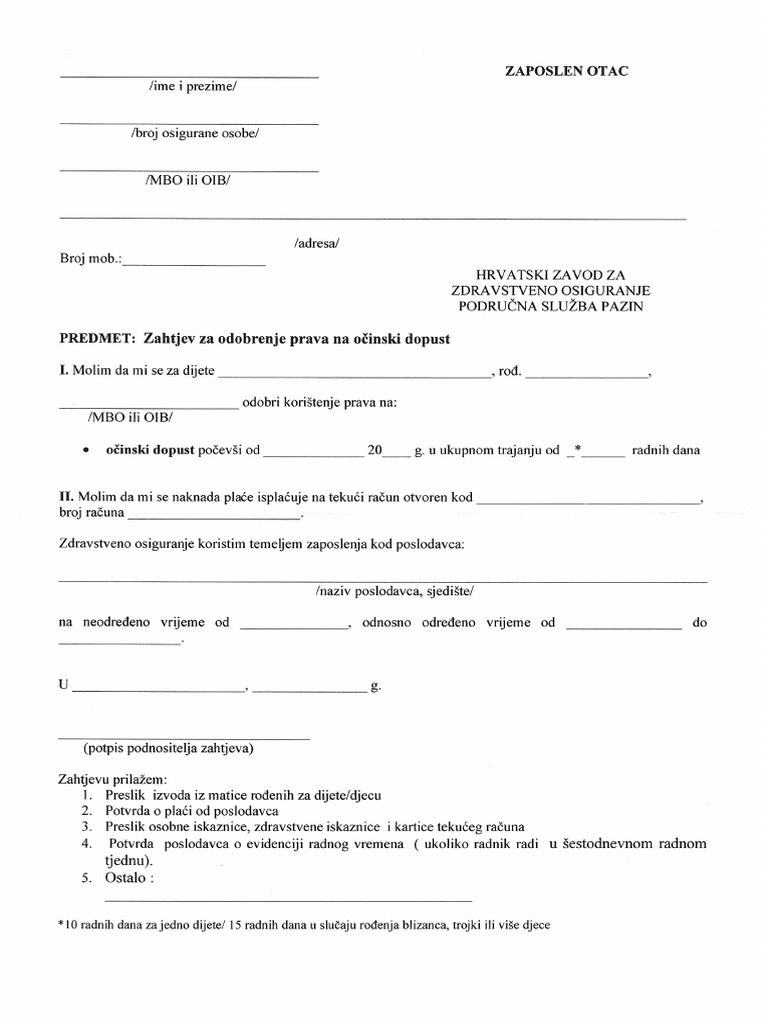 Ocinski Dopust Zahtjev | PDF