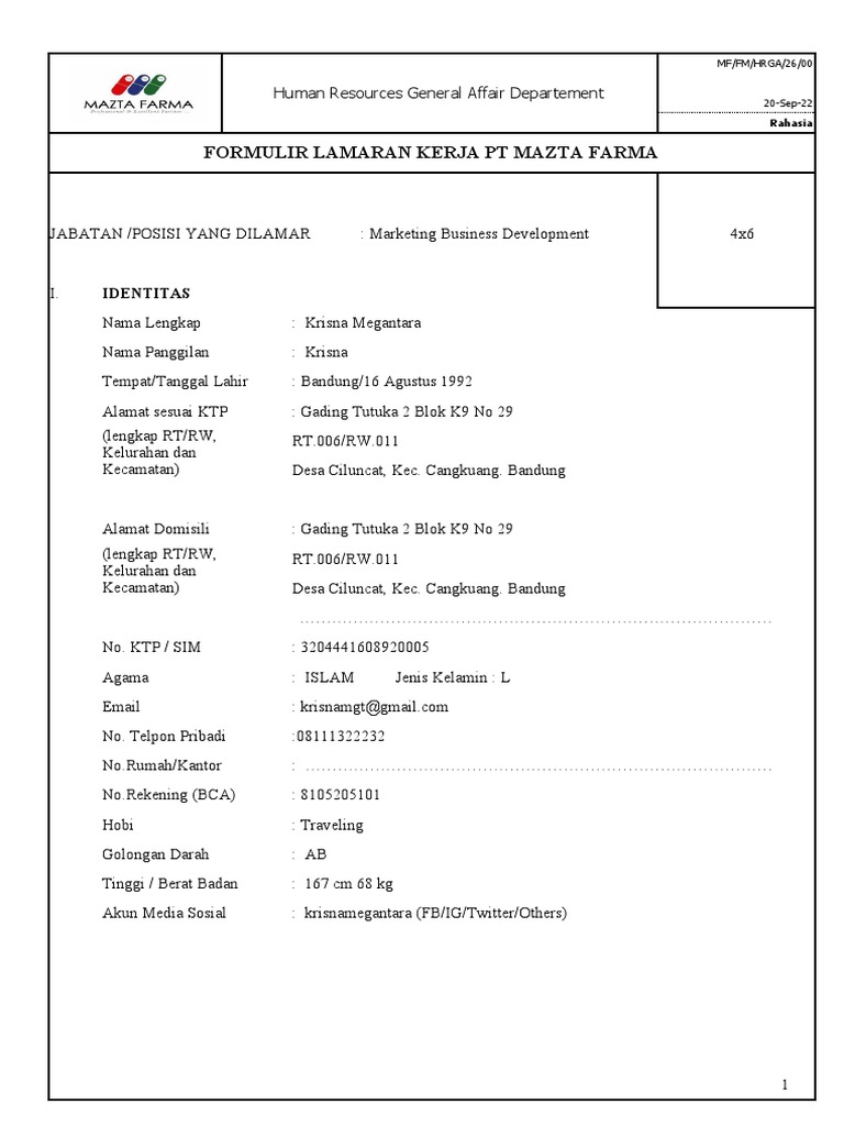 11.FORM LAMARAN KERJA PT MAZTA FARMA - Ok | PDF