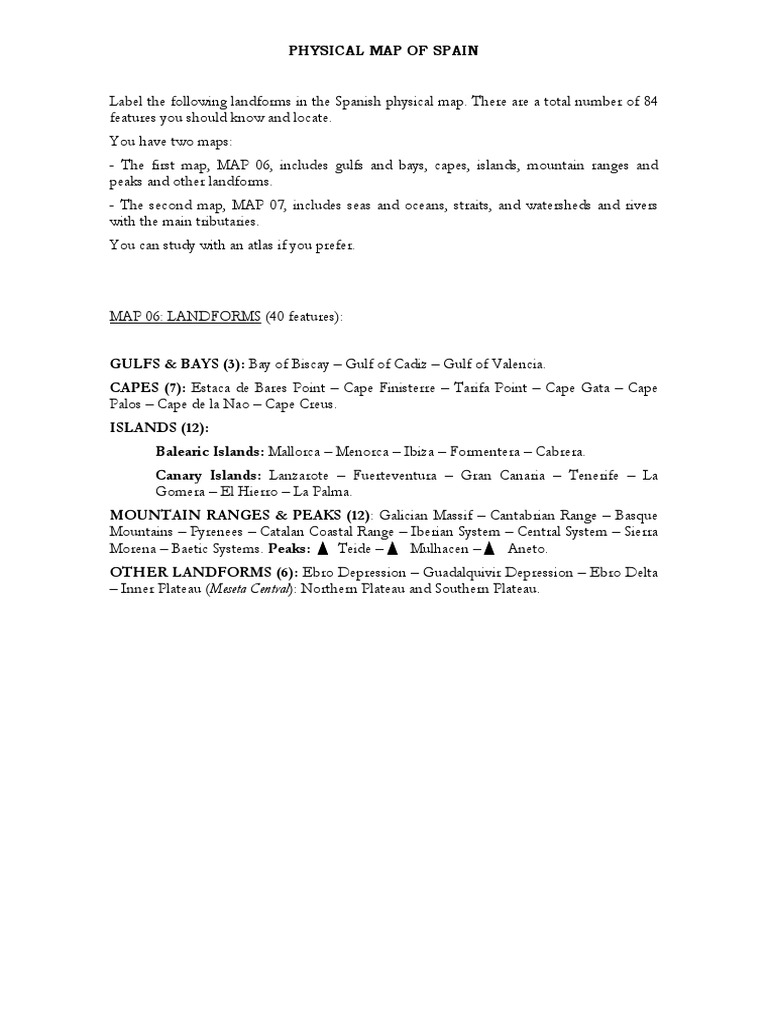 Physical Map of Spain: Landforms & Waters | PDF | Spain | Physical ...