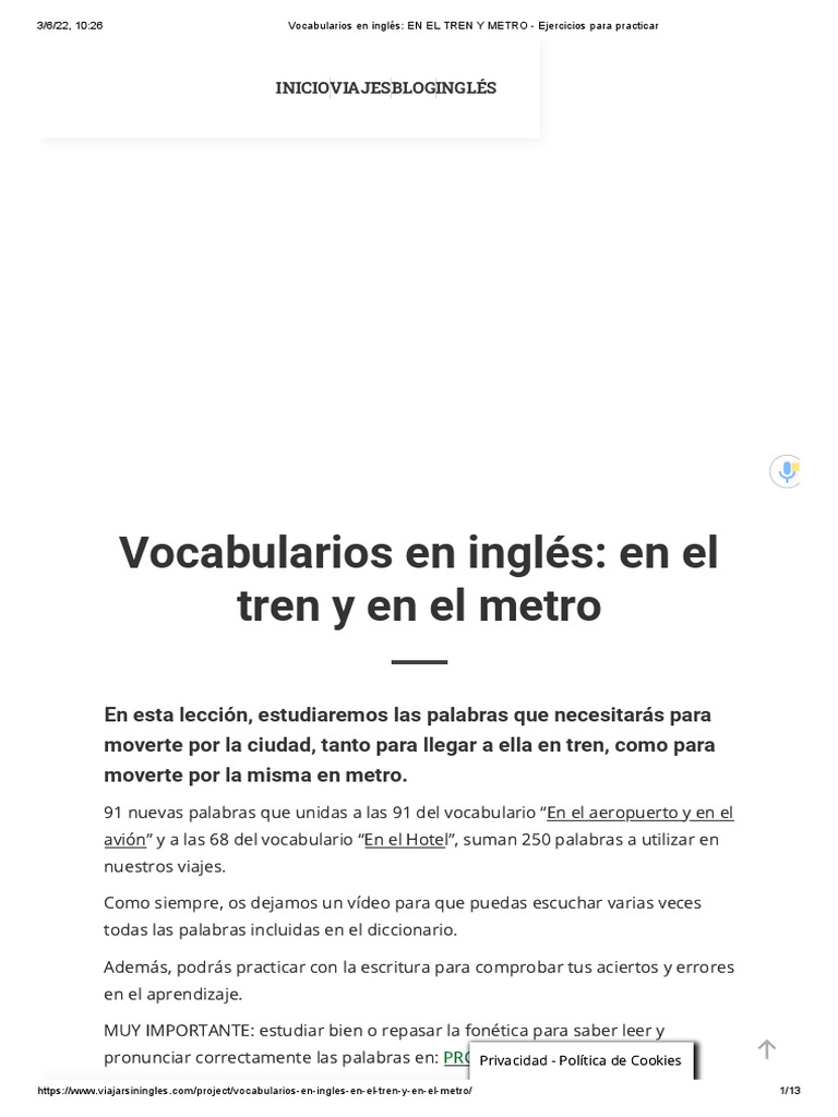 Vocabularios en Inglés - EN EL TREN Y METRO - Ejercicios para Practicar ...