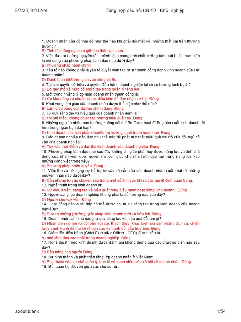 Tổng hợp câu hỏi KNKD Khởi nghiệp PDF | PDF