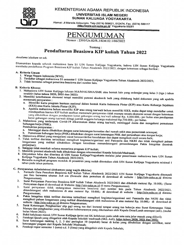 100 20220628 PENGUMUMAN PENDAFTARAN BEASISWA KIP KULIAH 2022 Dan ... 100 20220628 PENGUMUMAN PENDAFTARAN BEASISWA KIP KULIAH 2022 Dan ...