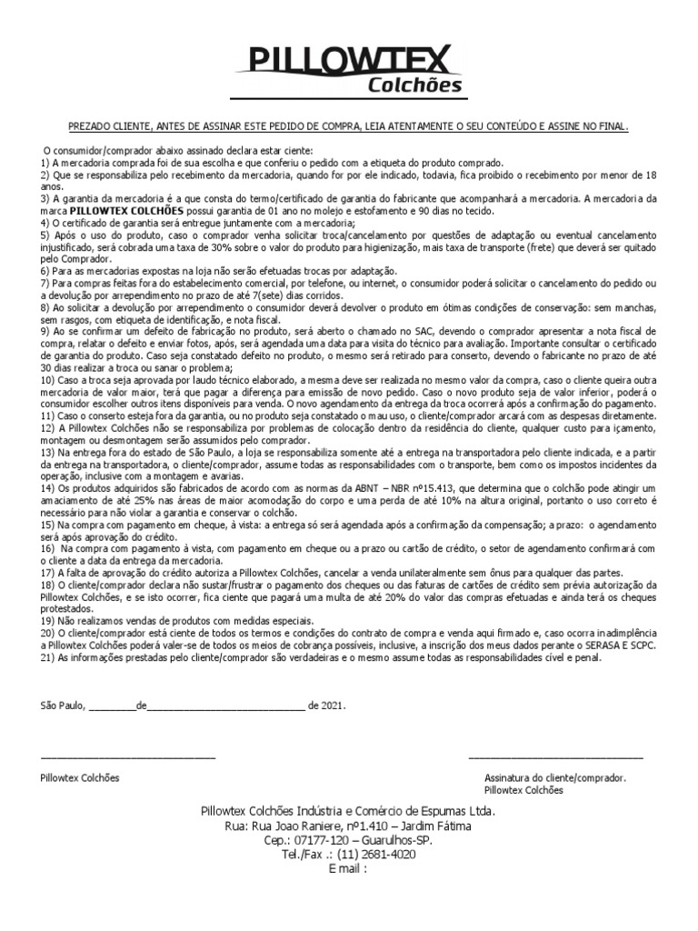 CONTRATO CLIENTE FINAL | PDF | Cheque (banco) | Colchão