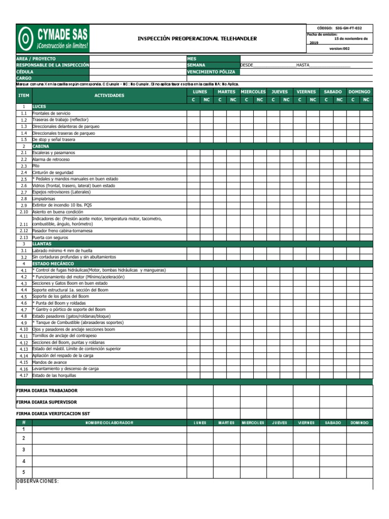 SIG GH FT 032 Preop. Telehandler | PDF
