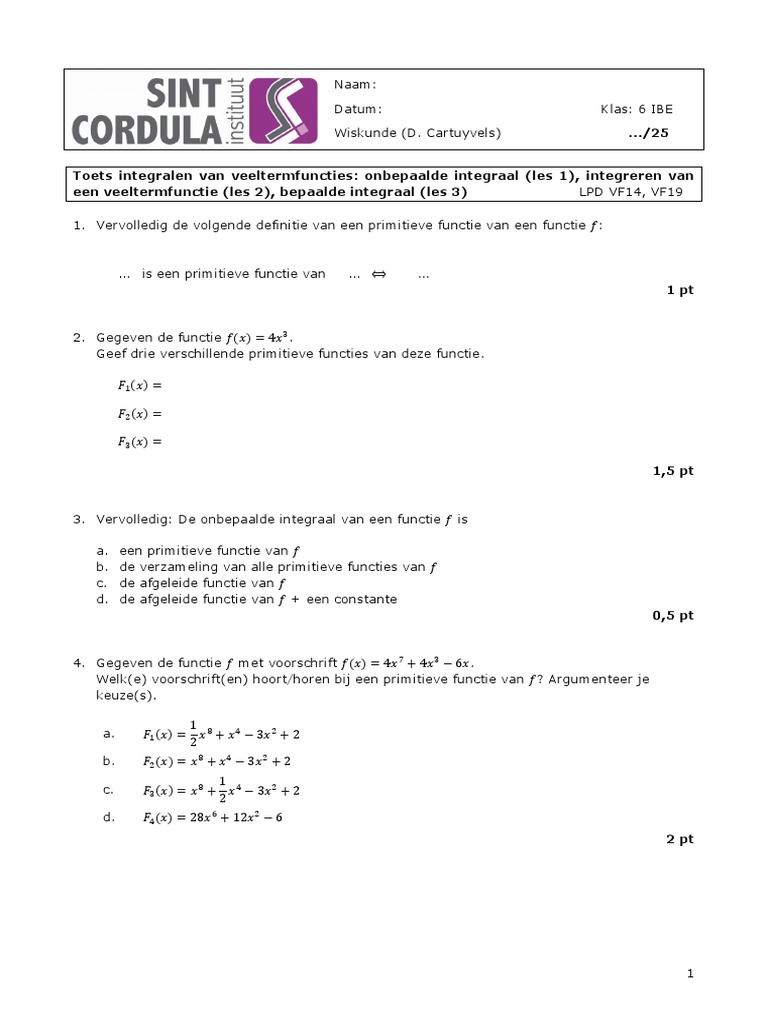 Toets Onbepaalde Integraal (Les 1), Integreren Van Een Veeltermfunctie ...