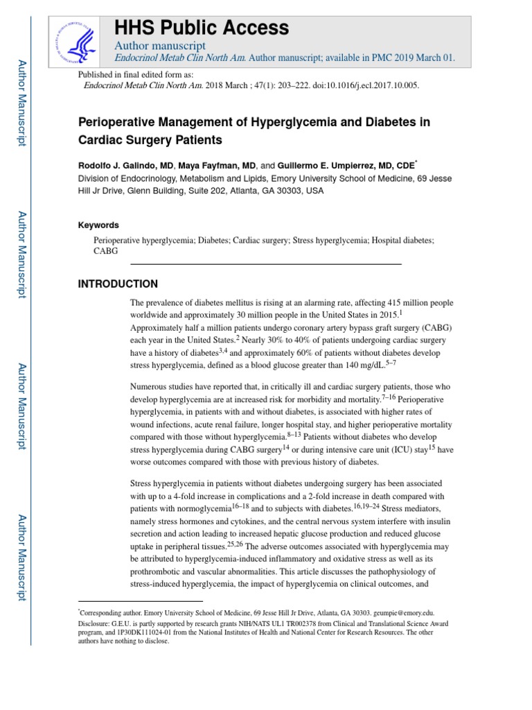 Perioperative Management of Hyperglycemia and Diabetes in Cardiac ...