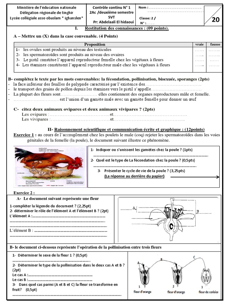 Contrôle SVT 2AC Semestre 2 avec Corrigé | PDF | Système reproducteur ...