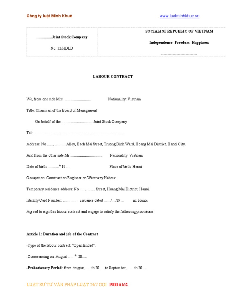 Mau Hop Dong Lao Dong Tieng Anh | PDF | Employment | Salary