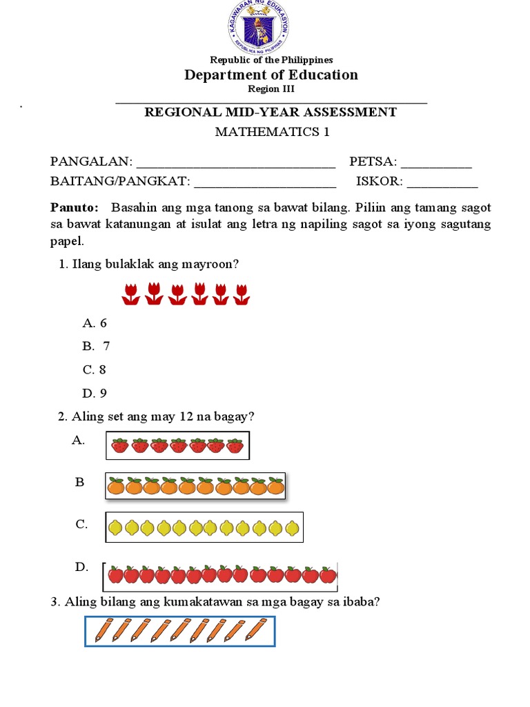 Math 1 Tagalog Regional Mid-Year Assessment | PDF