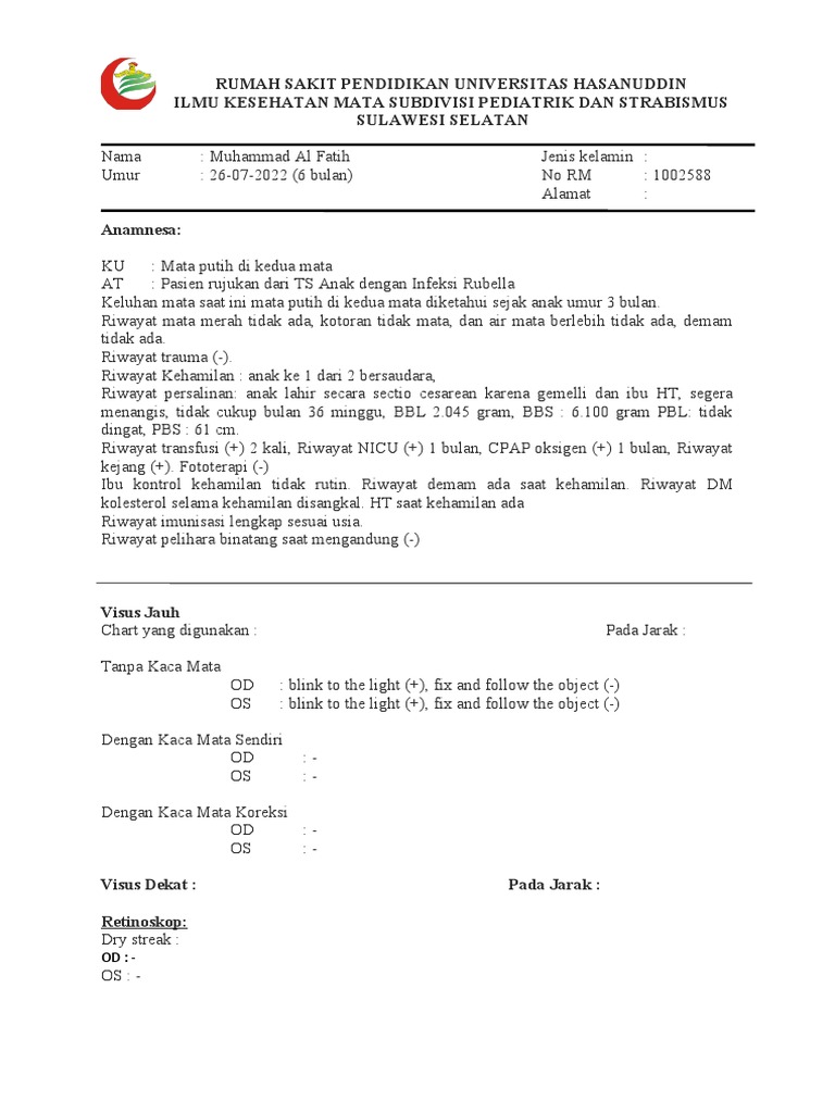 NS - Muhammad Al Fatih - ODS Congenital Cataract + OD Suspect Retinal Detachment Ec ROP | PDF
