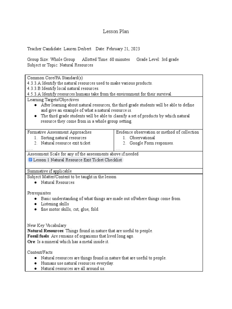 3rd Grade Natural Resources Lesson | PDF