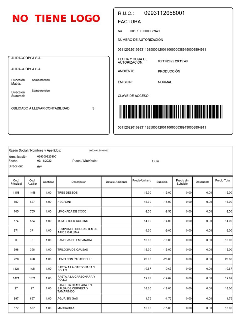 Factura Detallada de Alidacorpsa S.A. | PDF | Cocina | Alimentos