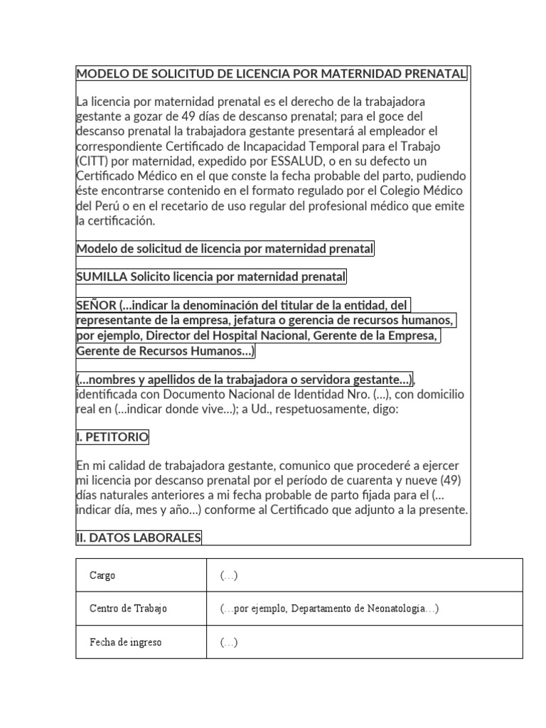 MODELO DE SOLICITUD DE LICENCIA POR MATERNIDAD PRENATAL | PDF | Parto | Gobierno