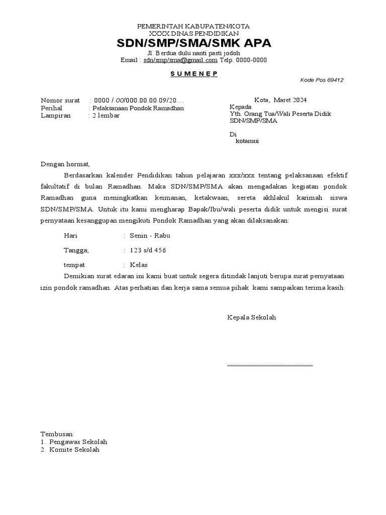 Surat Izin Pondok Ramadhan Siswa | PDF