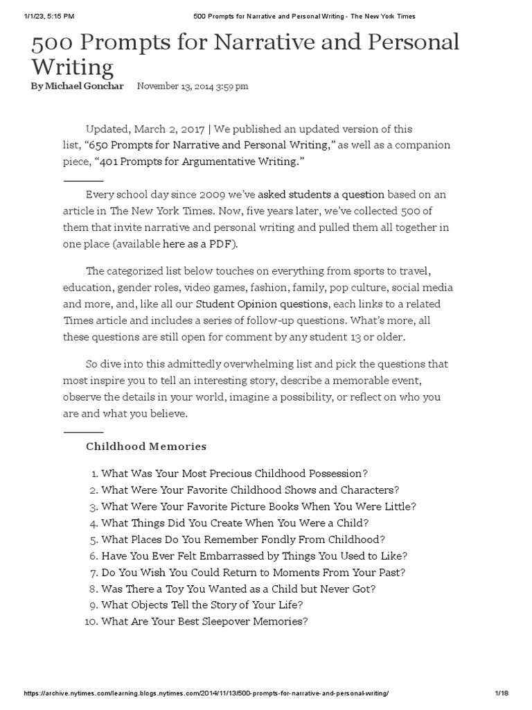 500 Prompts For Narrative and Personal Writing - The New York Times ...