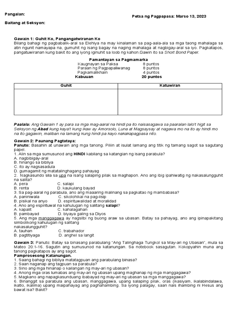 Activity Sheets FIL 9 Q3 Parabula | PDF