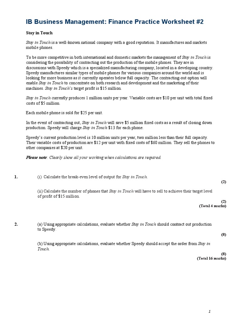 IB Business Management: Finance Practice Worksheet #2 Solutions | PDF ...