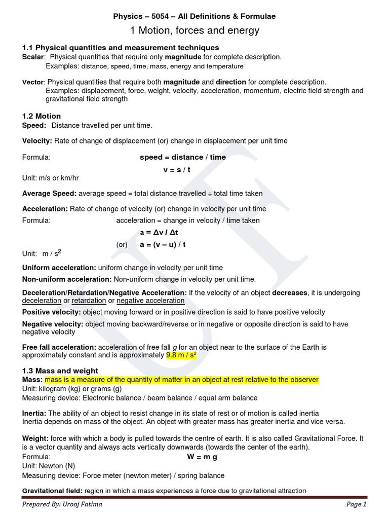 Physics-5054-All Definitions&Formulae-RevisedSyllabus | PDF | Velocity | Acceleration