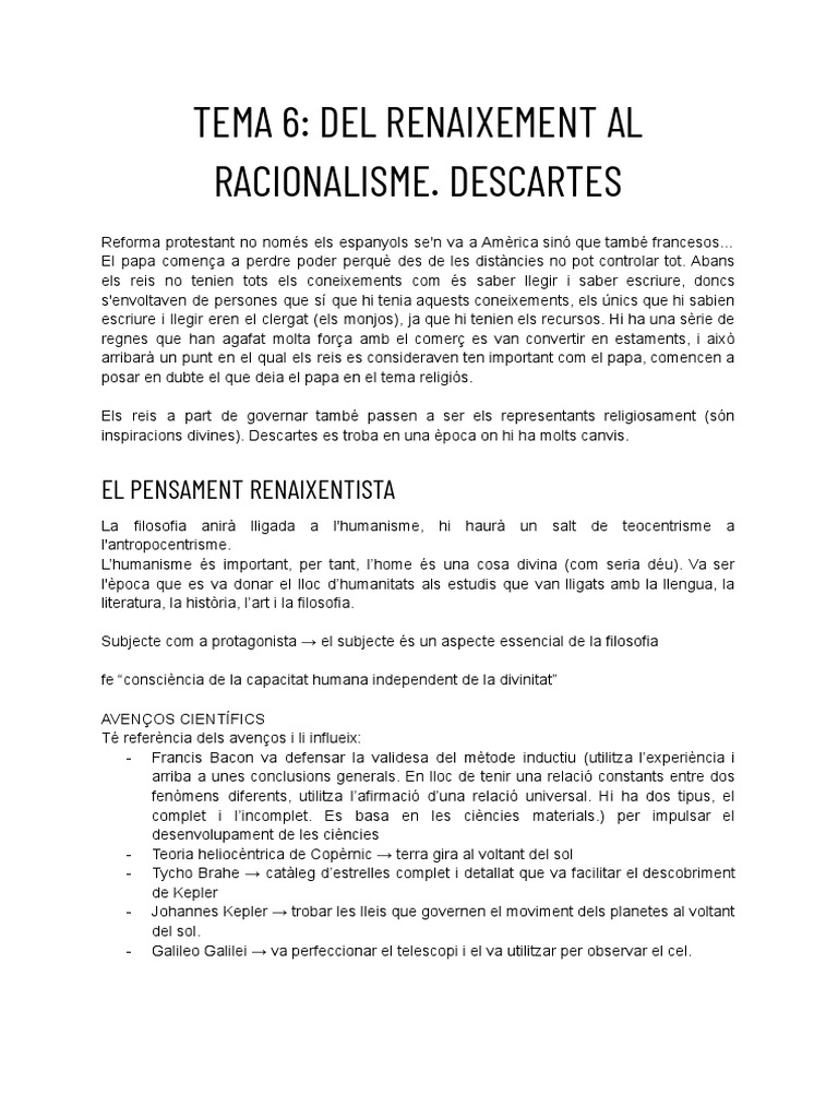 Tema 6 - Del Renaixement Al Racionalisme | PDF