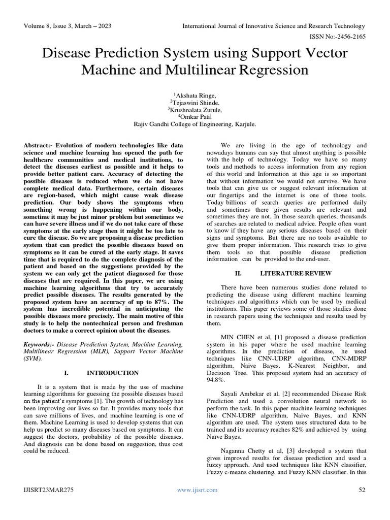 Disease Prediction System Using Support Vector Machine and Multilinear ... Disease Prediction System Using Support Vector Machine and Multilinear ...