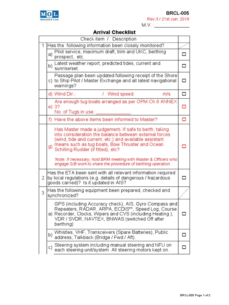 BRCL-005 Arrival Checklist | PDF | Ships | Water Transport
