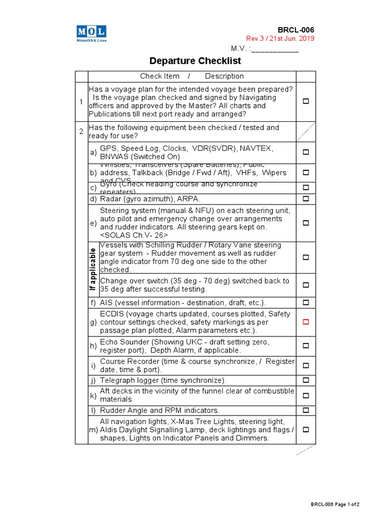 BRCL-006 Departure Checklist | PDF | Ships | Water Transport