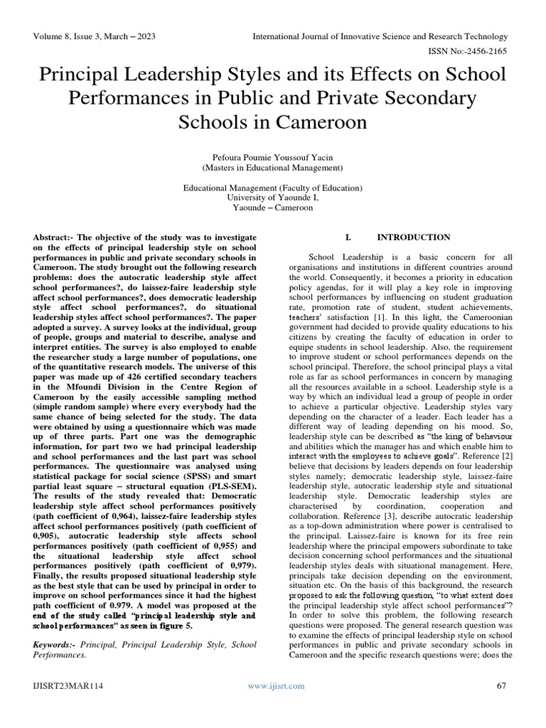 Principal Leadership Styles and Its Effects On School Performances in ...