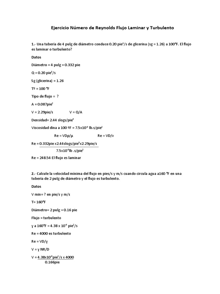 Ejercicio Sobre Número de Reynolds Flujo Laminar y Turbulento | PDF | Numero Reynolds | Turbulencia
