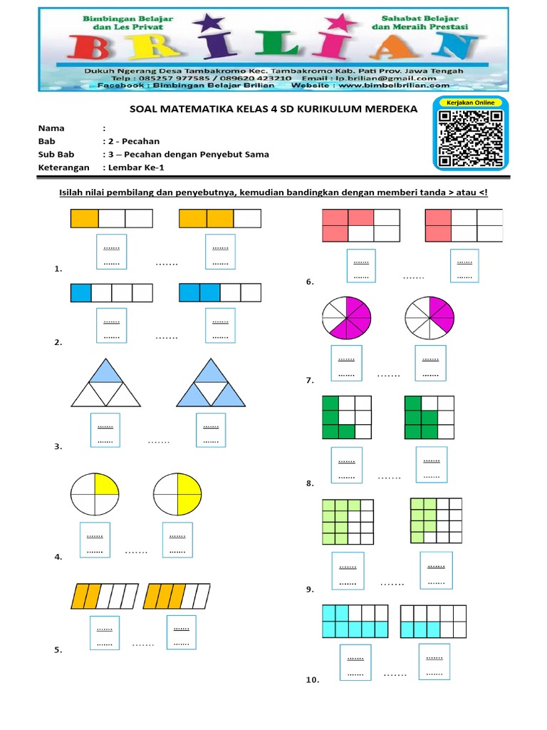 Soal Matematika Kelas 4 SD Bab 2 Pecahan Sub Bab 3 Pecahan Dengan Penyebut Sama Lembar Ke-1 PDF ...