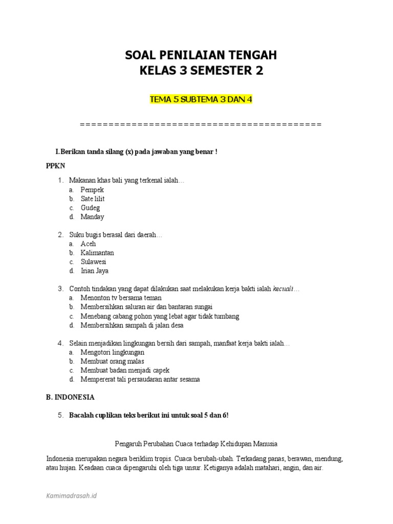 SOAL PTS KELAS 3 (Tema 5 Sub 3 4) - Kamimadrasah | PDF