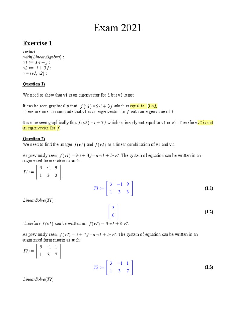 Solved Exam 2021 PDF | PDF | Eigenvalues And Eigenvectors | Matrix (Mathematics)
