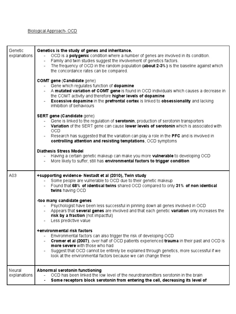 Biological Approach - OCD | PDF | Serotonin | Obsessive–Compulsive Disorder