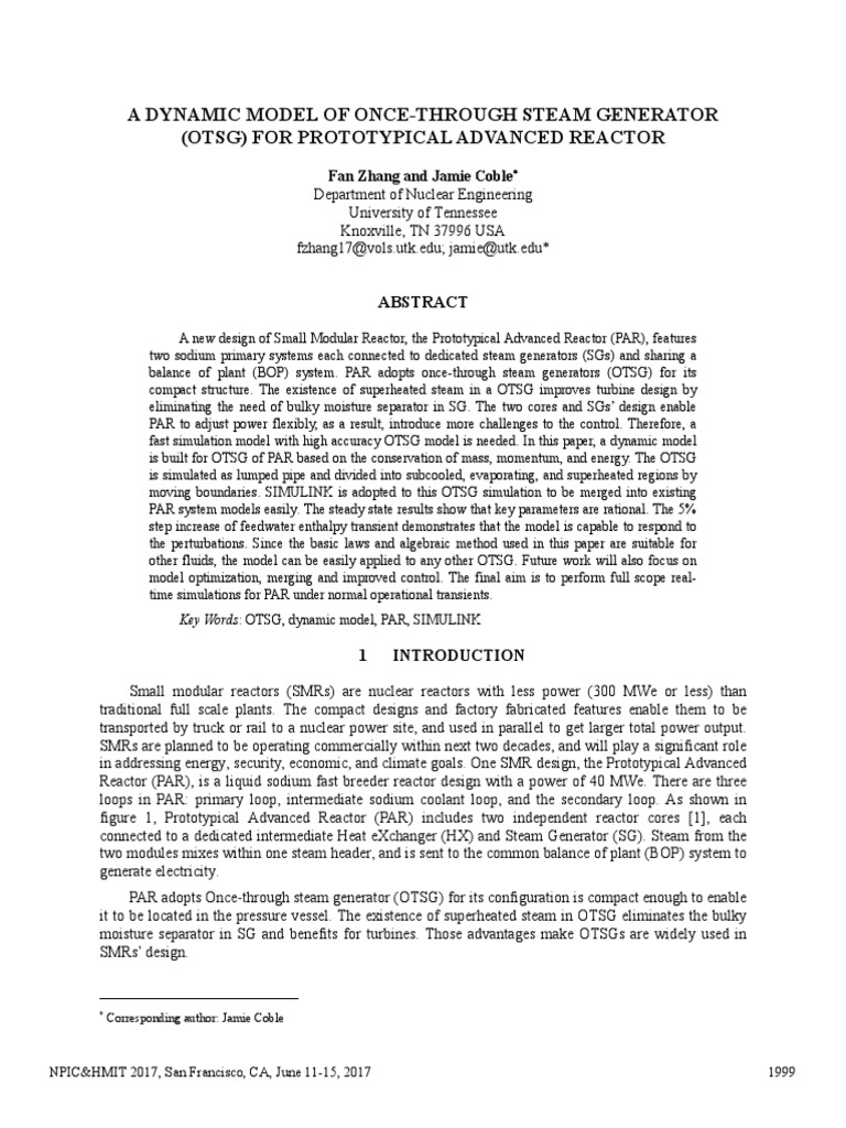 A Dynamic Model of Once-Through Steam Generator (Otsg) For Prototypical ...