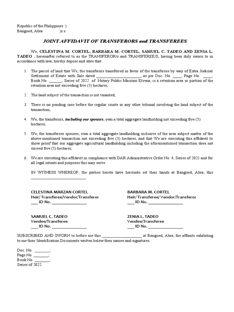 Joint Affidavit-of-Transferor-Transferee-DAR-AO-4-daniel Marzan | PDF ...