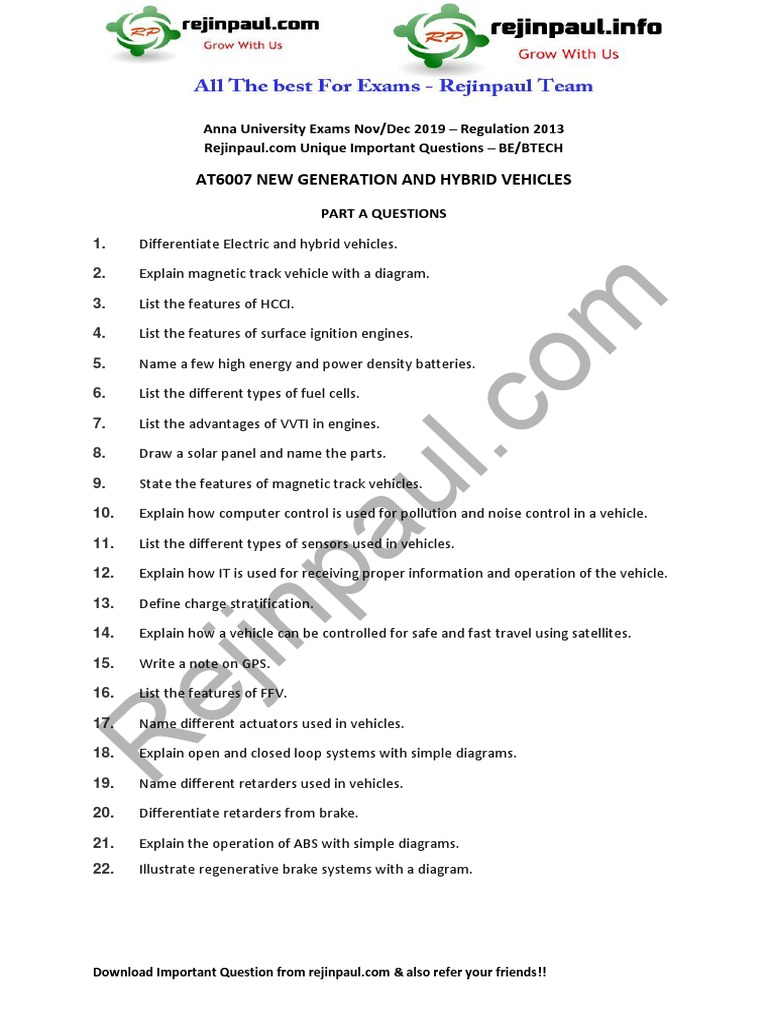 Anna University Nov/Dec 2019 Exam Questions on Electric & Hybrid ...
