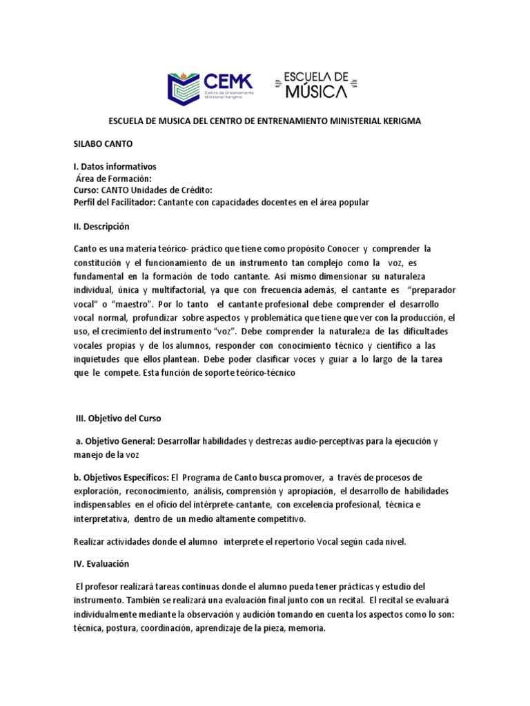 Silabo CANTO CEMK | PDF | Canto | Sonido