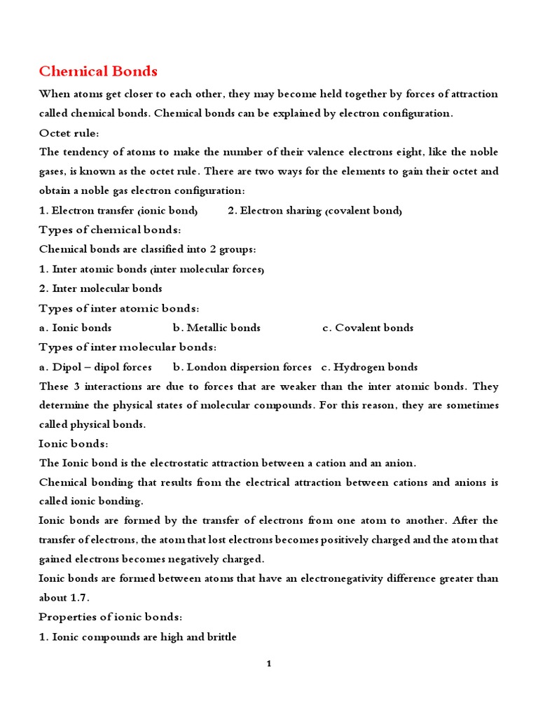 Chemical Bonds and Molecular Shape Summary PDF | Download Free PDF ...